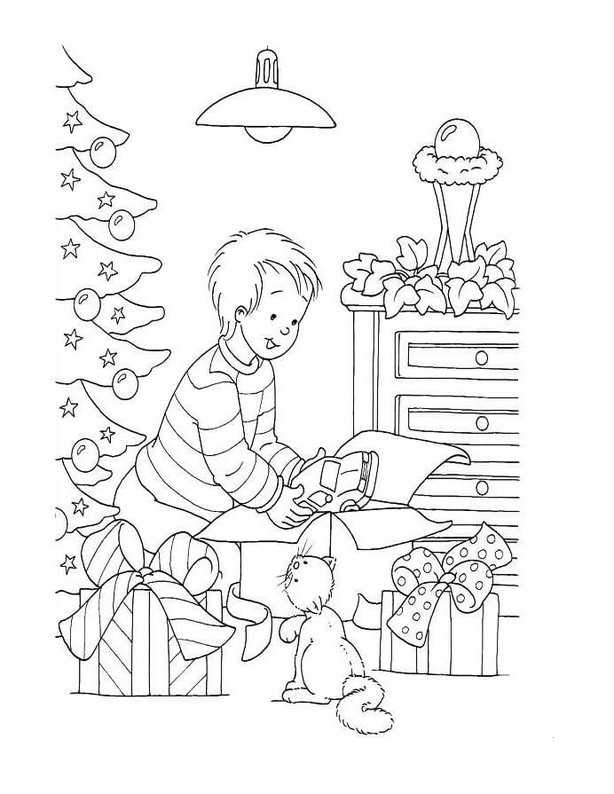 A Boy is Unpacking Christmas Gifts coloring page - ColouringPages