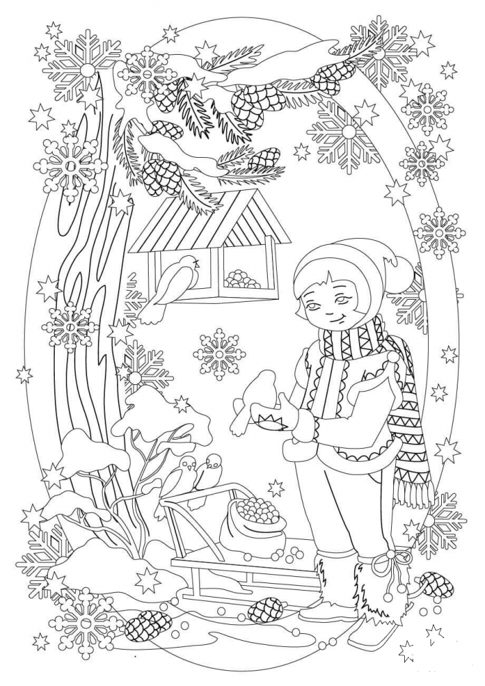 A Girl is Feeding the Birds coloring page - ColouringPages