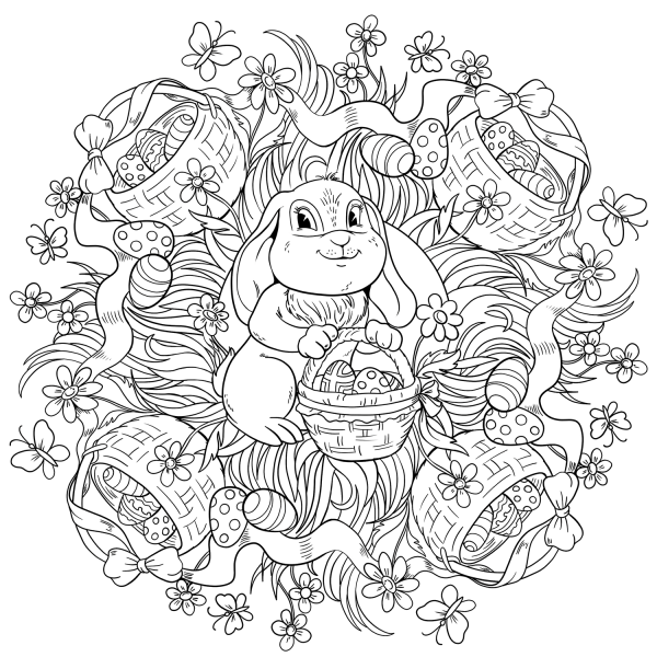 Easter Mandala with a Rabbit and Baskets Full of Eggs coloring page ...