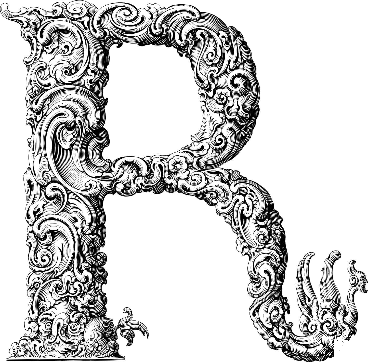 Elegant Flourish Letter R coloring page - ColouringPages