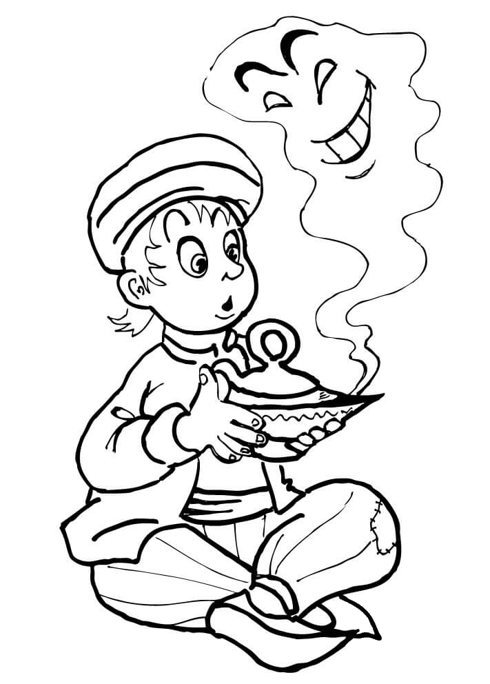 Aladdin kid and the Genie coloring page - ColouringPages