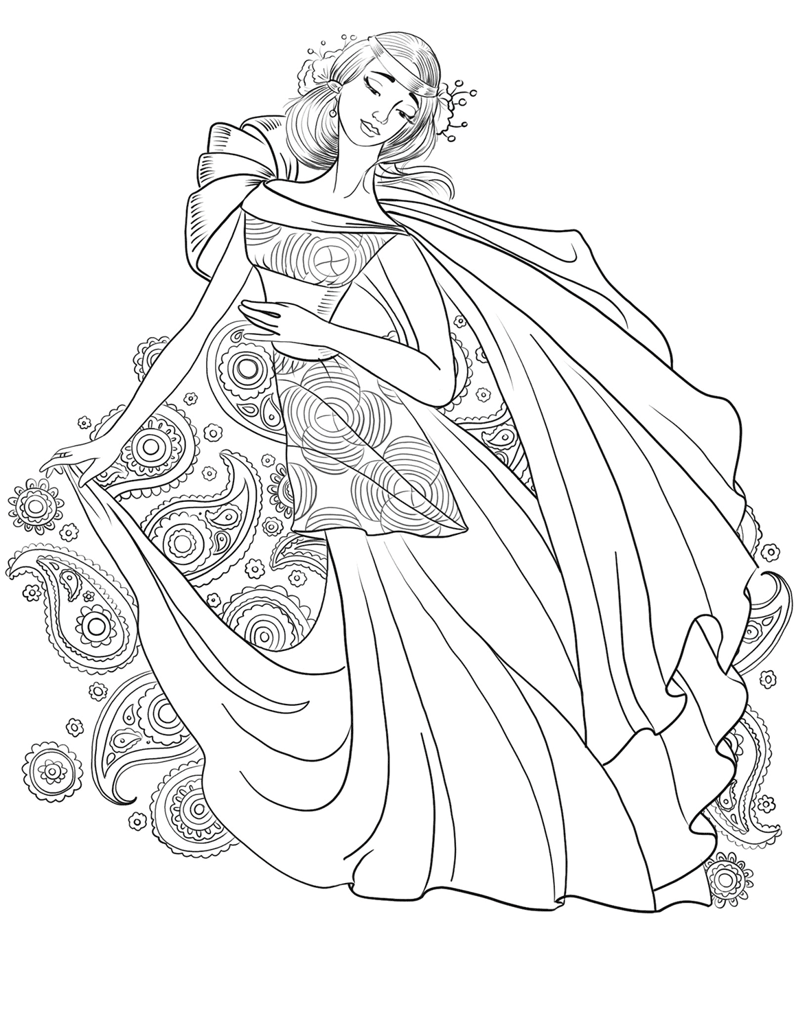 Lady from 70's with Paisley Motif coloring page - ColouringPages