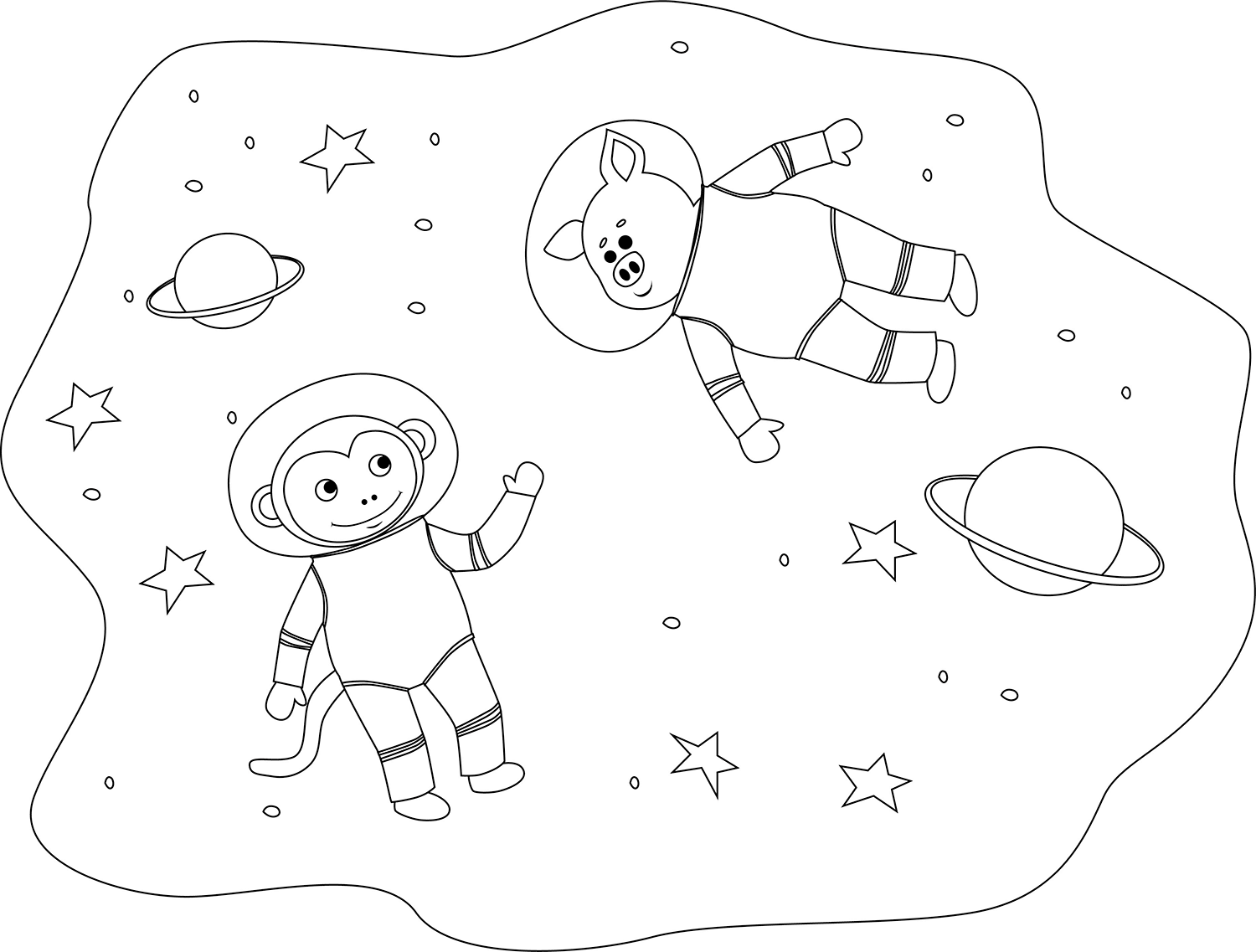 Monkey and Pig in Space coloring page - ColouringPages