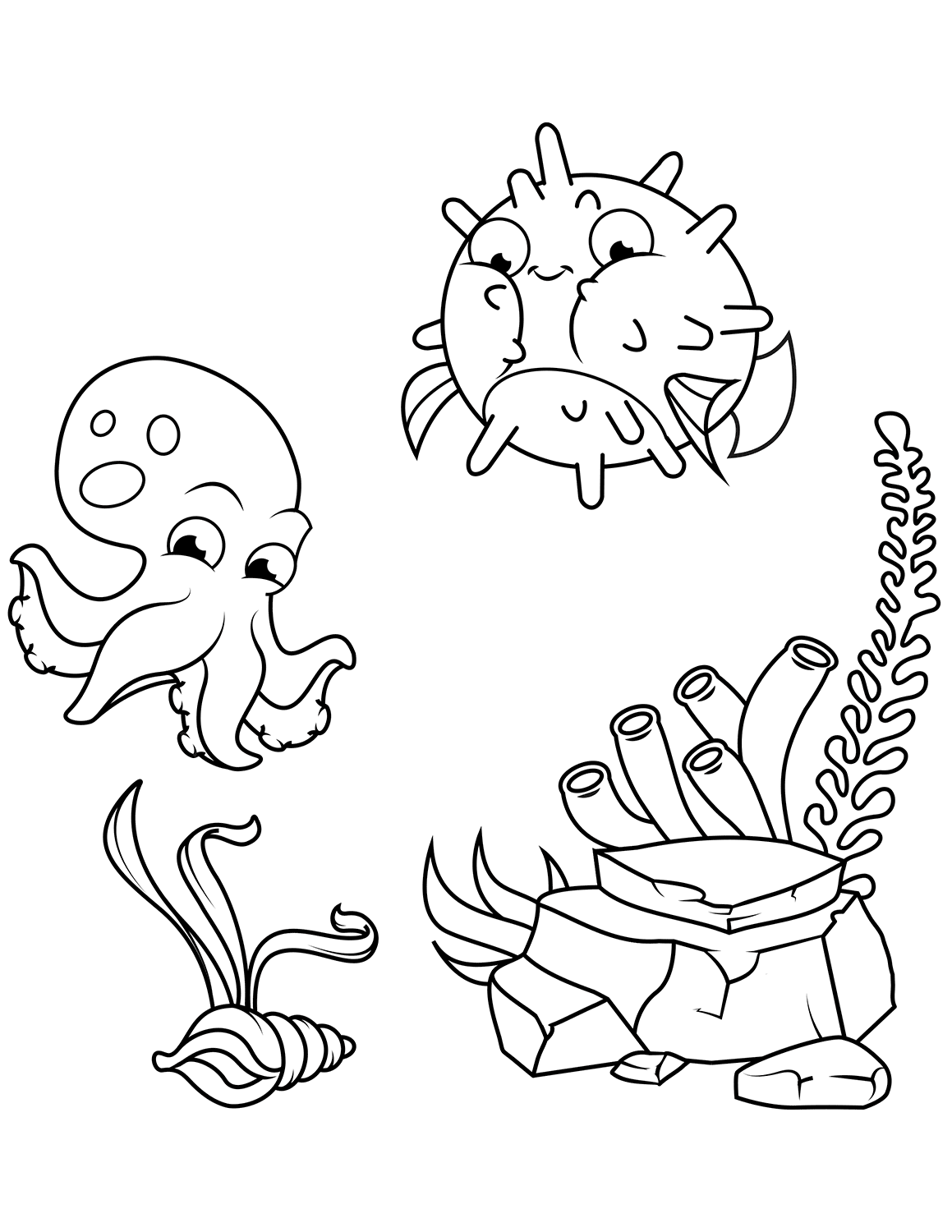 Octopus and Pufferfish coloring page - ColouringPages