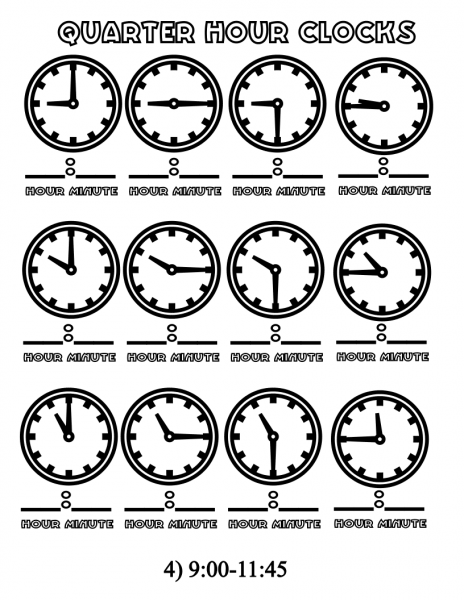 Quarter Hours Clocks 9:00-11:45 coloring page - ColouringPages