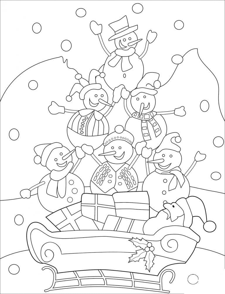 Snowmen with Santa on a Sled coloring page - ColouringPages