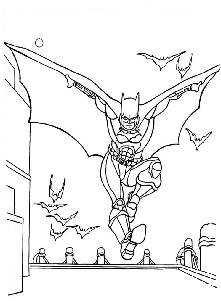 Batman flying with bats coloring page - ColouringPages