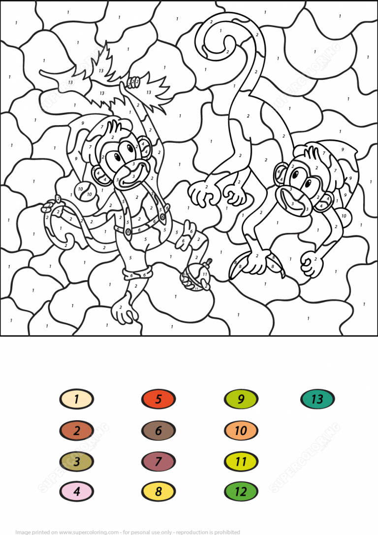 Two Monkeys Color by Number - ColouringPages
