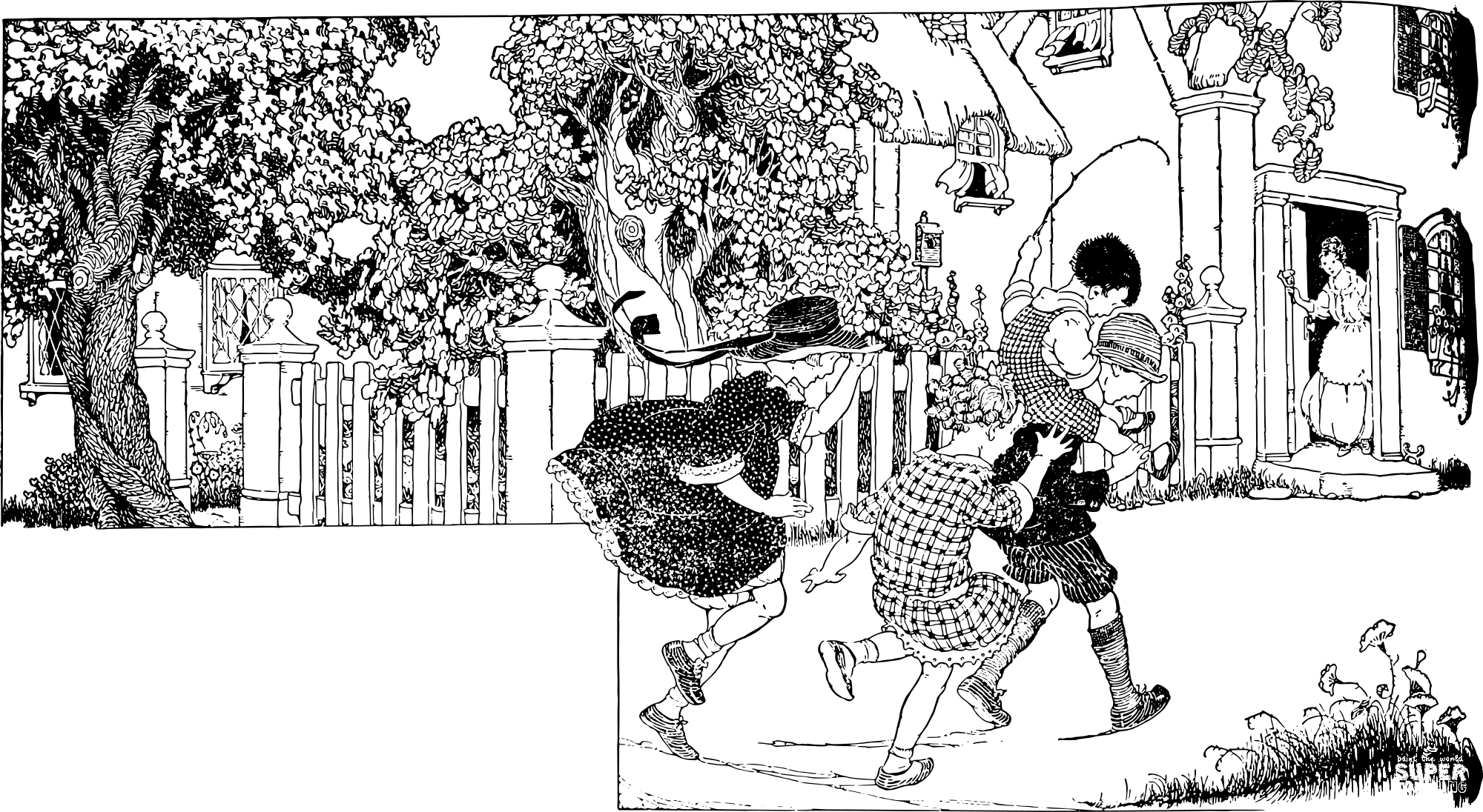 Vintage Kids Playing Outside coloring page - ColouringPages