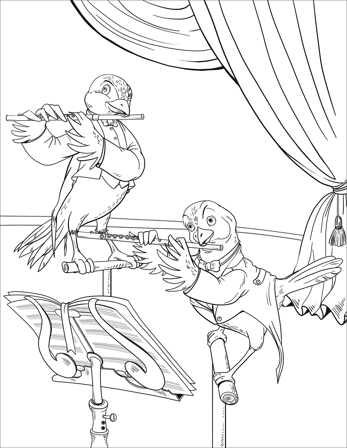 Birds Playing the Flute coloring page - ColouringPages